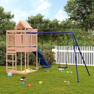 loibinfen outdoor playset solid wood douglas, garden play set with 1 play tower, 1 wave slide, 1 double swing set, modern outdoor backyard children's climbing wood playground playset,-4553