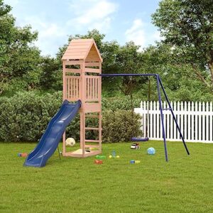 loibinfen outdoor playset solid wood douglas, garden play set with 1 play tower,1 wave slide,1 single swing set, modern outdoor backyard children's climbing wood playground playset,-4571