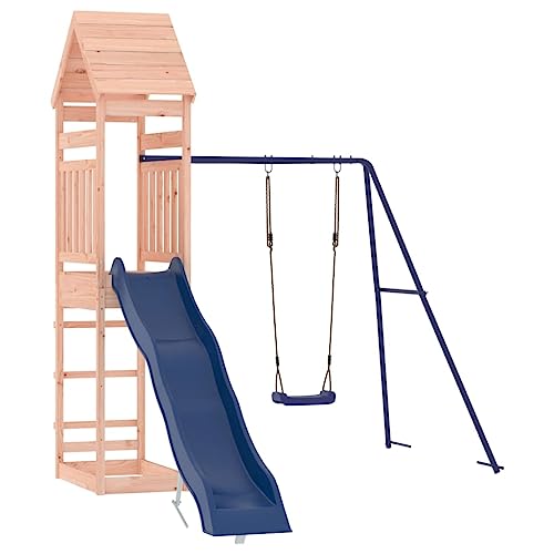 Loibinfen Outdoor Playset Solid Wood Douglas, Garden Play Set with 1 Play Tower,1 Wave Slide,1 Single Swing Set, Modern Outdoor Backyard Children's Climbing Wood Playground Playset,-4571