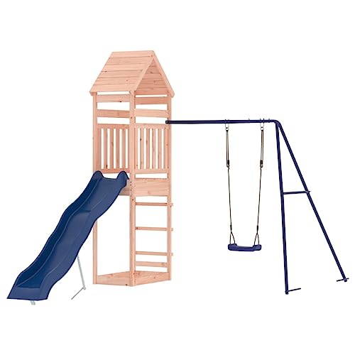 Loibinfen Outdoor Playset Solid Wood Douglas, Garden Play Set with 1 Play Tower,1 Wave Slide,1 Single Swing Set, Modern Outdoor Backyard Children's Climbing Wood Playground Playset,-4571