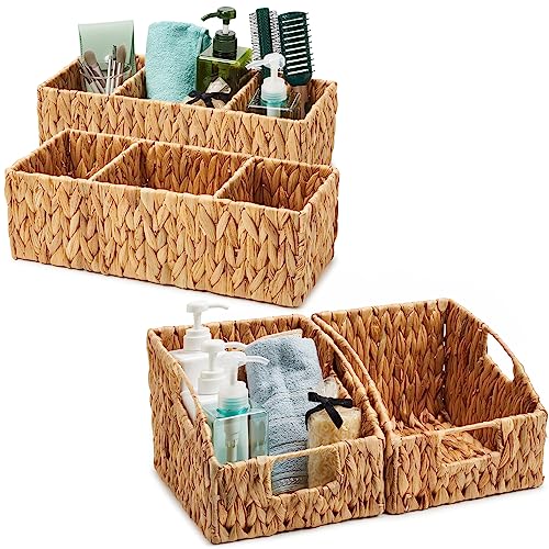 EZOWare Natural Water Hyacinth Storage Baskets Bundle Kit, Set of 4 Woven Wicker Organizer Bin for Organizing Bathroom, Toilet Tank Top, Vanity Countertop, Kitchen Pantry