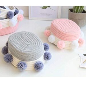 TBGFPO Cotton Rope Basket -Cotton Rope Basket Woven Small Storage Container Pompoms Decorative Basket Desk Shelf Organizer for Baby - Pink