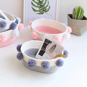 TBGFPO Cotton Rope Basket -Cotton Rope Basket Woven Small Storage Container Pompoms Decorative Basket Desk Shelf Organizer for Baby - Pink