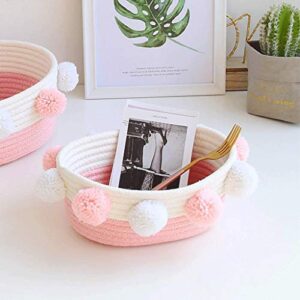 TBGFPO Cotton Rope Basket -Cotton Rope Basket Woven Small Storage Container Pompoms Decorative Basket Desk Shelf Organizer for Baby - Pink