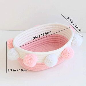 TBGFPO Cotton Rope Basket -Cotton Rope Basket Woven Small Storage Container Pompoms Decorative Basket Desk Shelf Organizer for Baby - Pink