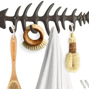 Comfify Decorative Fish Bones Wall Mounted Towel Rack Stylish Cast Iron Hanger with 4 “Fish Bones” Hooks for Towels, Robes and More - Includes Screws and Anchors - in Brown