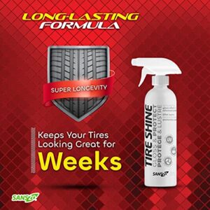 SansZo Tire Shine - One-Step Automotive Clear Coat Tire Dressing Spray for Glossy Wet Tire Look - Non-Greasy Auto Detailing for Rubber, Vinyl & Plastic, with UV Protector, with Microfiber Cloth, 24oz