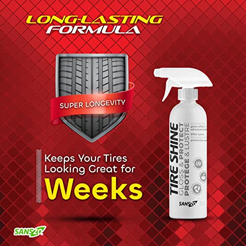 SansZo Tire Shine - One-Step Automotive Clear Coat Tire Dressing Spray for Glossy Wet Tire Look - Non-Greasy Auto Detailing for Rubber, Vinyl & Plastic, with UV Protector, with Microfiber Cloth, 24oz