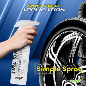 SansZo Tire Shine - One-Step Automotive Clear Coat Tire Dressing Spray for Glossy Wet Tire Look - Non-Greasy Auto Detailing for Rubber, Vinyl & Plastic, with UV Protector, with Microfiber Cloth, 24oz