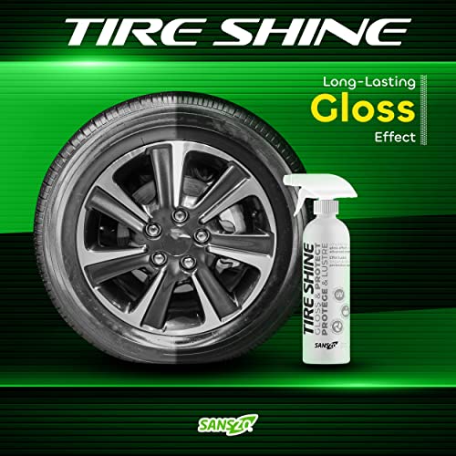 SansZo Tire Shine - One-Step Automotive Clear Coat Tire Dressing Spray for Glossy Wet Tire Look - Non-Greasy Auto Detailing for Rubber, Vinyl & Plastic, with UV Protector, with Microfiber Cloth, 24oz