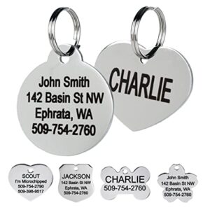 gotags stainless steel pet id tags, personalized dog tags and cat tags, up to 8 lines of custom text, engraved on both sides, in bone, round, heart, bow tie and more