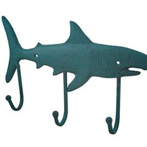 Zeckos Teal Blue Cast Iron Shark Shaped Decorative Wall Hook Rack Ocean Nautical Decor 12.5 Inches Long