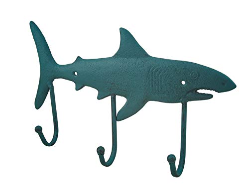 Zeckos Teal Blue Cast Iron Shark Shaped Decorative Wall Hook Rack Ocean Nautical Decor 12.5 Inches Long