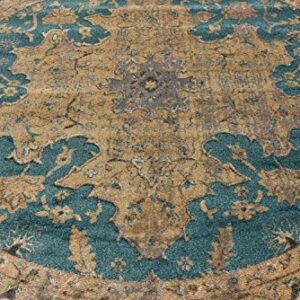 Unique Loom Aurora Collection Over-Dyed, Abstract, Botanical Southwestern, Transitional Area Rug, 8 ft x 8 ft, Teal/Beige