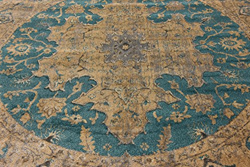 Unique Loom Aurora Collection Over-Dyed, Abstract, Botanical Southwestern, Transitional Area Rug, 8 ft x 8 ft, Teal/Beige