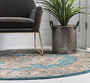 Unique Loom Aurora Collection Over-Dyed, Abstract, Botanical Southwestern, Transitional Area Rug, 8 ft x 8 ft, Teal/Beige