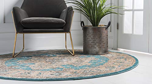 Unique Loom Aurora Collection Over-Dyed, Abstract, Botanical Southwestern, Transitional Area Rug, 8 ft x 8 ft, Teal/Beige