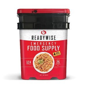 readywise emergency food supply, freeze-dried survival food for emergencies, breakfast, lunch, and dinner entrées, 1 bucket, 25-year shelf life, 124 servings total