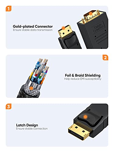 CableCreation Displayport to VGA Cable 6FT, Displayport to VGA Adapter Gold Plated 1080P@60Hz, Standard DP Male to VGA Male Cable, Compatible with Laptop, PC, TV, Projector, Black