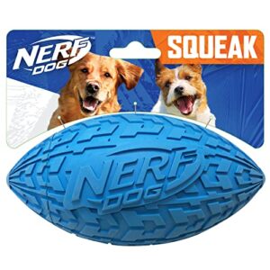 nerf dog tire football dog toy with interactive squeaker, lightweight, durable and water resistant, 6 inch diameter for medium/large breeds, single unit, blue (1571)