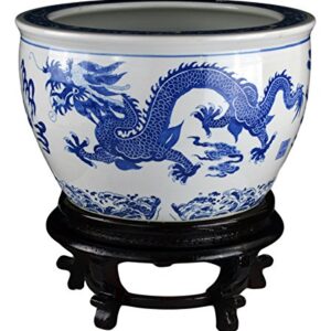 16" Porcelain Blue and White Fishbowl, Fish Bowl Two Dragons Playing with Super Pearl Chinese