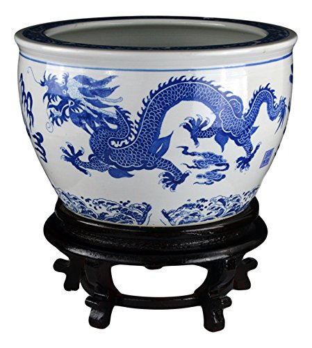 16" Porcelain Blue and White Fishbowl, Fish Bowl Two Dragons Playing with Super Pearl Chinese