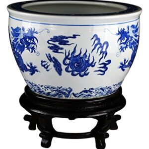 16" Porcelain Blue and White Fishbowl, Fish Bowl Two Dragons Playing with Super Pearl Chinese