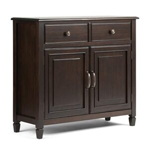 simplihome connaught solid wood 40 inch wide transitional entryway storage cabinet in dark chestnut brown, with 2 drawers, 2 doors, adjustable shelves