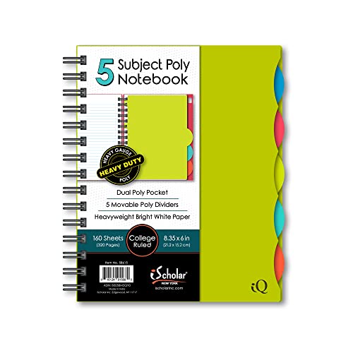 iScholar 5 Subject Poly Cover Double Wire Notebook, 8.35 x 6 Inches, Cover Color May Vary (58615)160 Sheets , Assorted