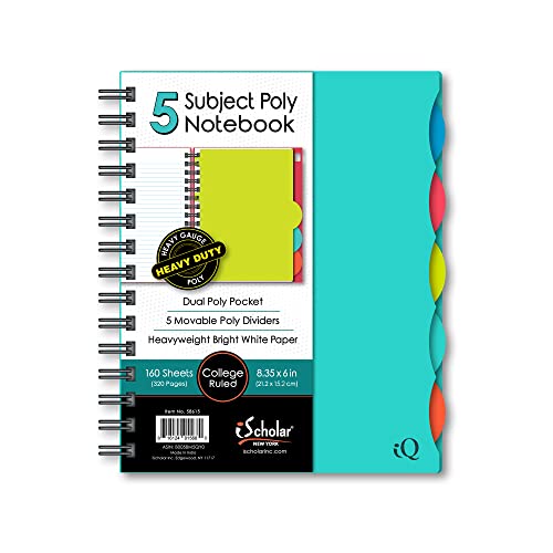 iScholar 5 Subject Poly Cover Double Wire Notebook, 8.35 x 6 Inches, Cover Color May Vary (58615)160 Sheets , Assorted