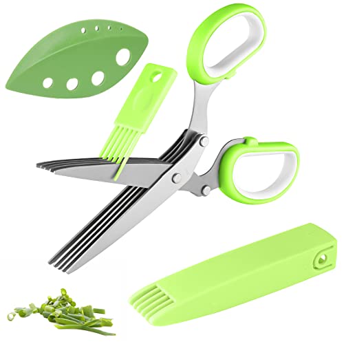 Joyoldelf Gourmet Herb Scissors Set - Master Culinary Multipurpose Cutting Shears with Stainless Steel 5 Blades, Herb Stripper, Safety Cover and Cleaning Comb for Cutting Cilantro Onion Salad