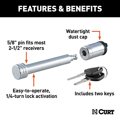 CURT 23528 Trailer Hitch Lock, 5/8-Inch Pin Diameter, Fits 2 or 2-1/2-Inch Receiver, Chrome