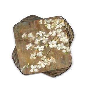 pimpernel dogwood in spring collection coasters | set of 6 | cork backed board | heat and stain resistant | drinks coaster for tabletop protection | measures 4” x 4”