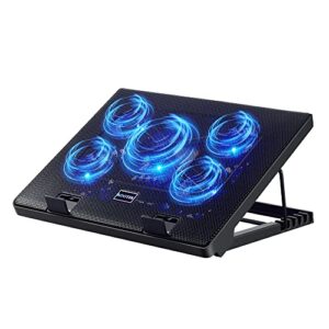 kootek laptop cooling pad 12"-17" cooler pad chill mat 5 quiet fans led lights and 2 usb 2.0 ports adjustable mounts laptop stand height angle, blue