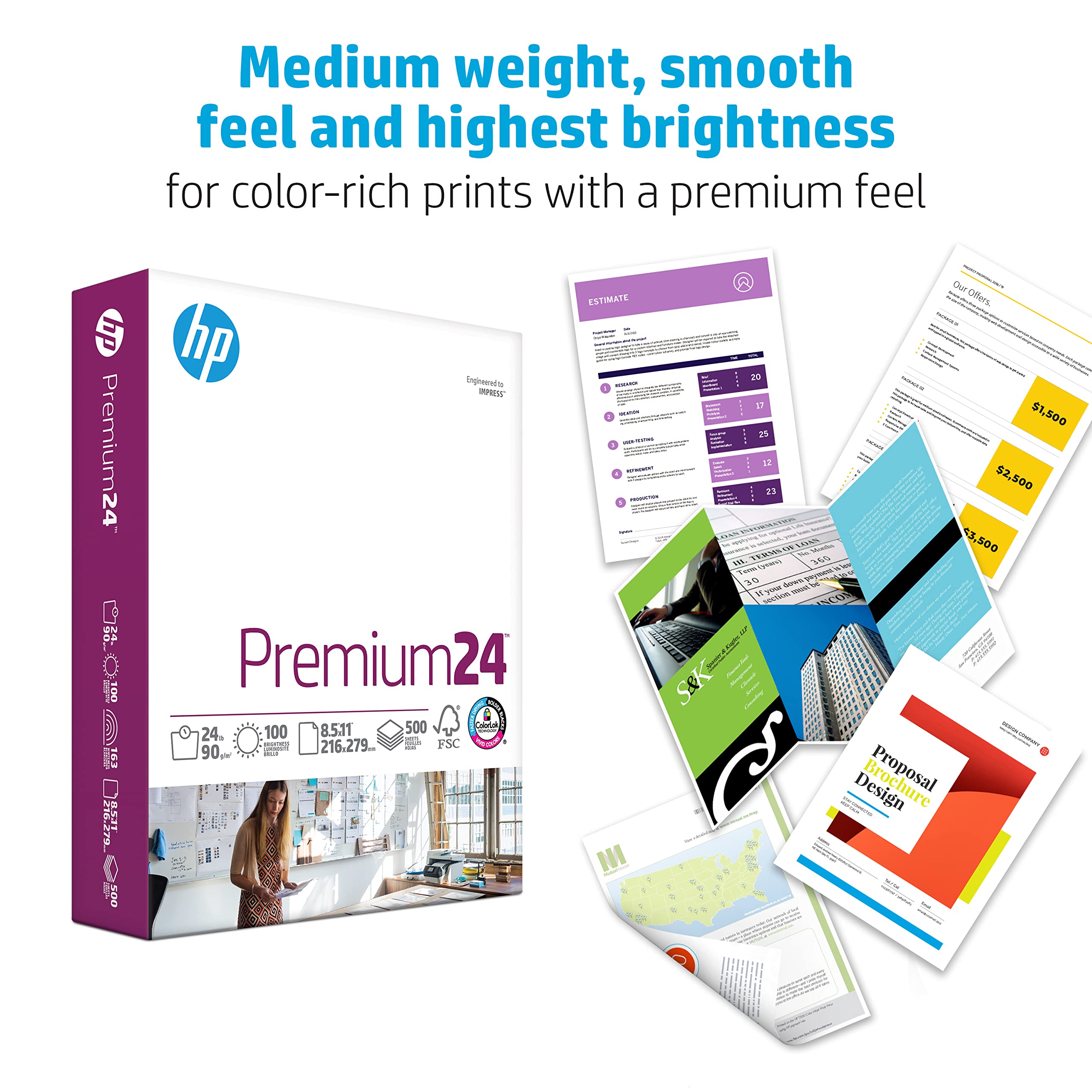 HP Printer Paper | 8.5 x 11 Paper | Premium 24 lb | 1 Ream - 500 Sheets | 100 Bright | Made in USA - FSC Certified | 112400R