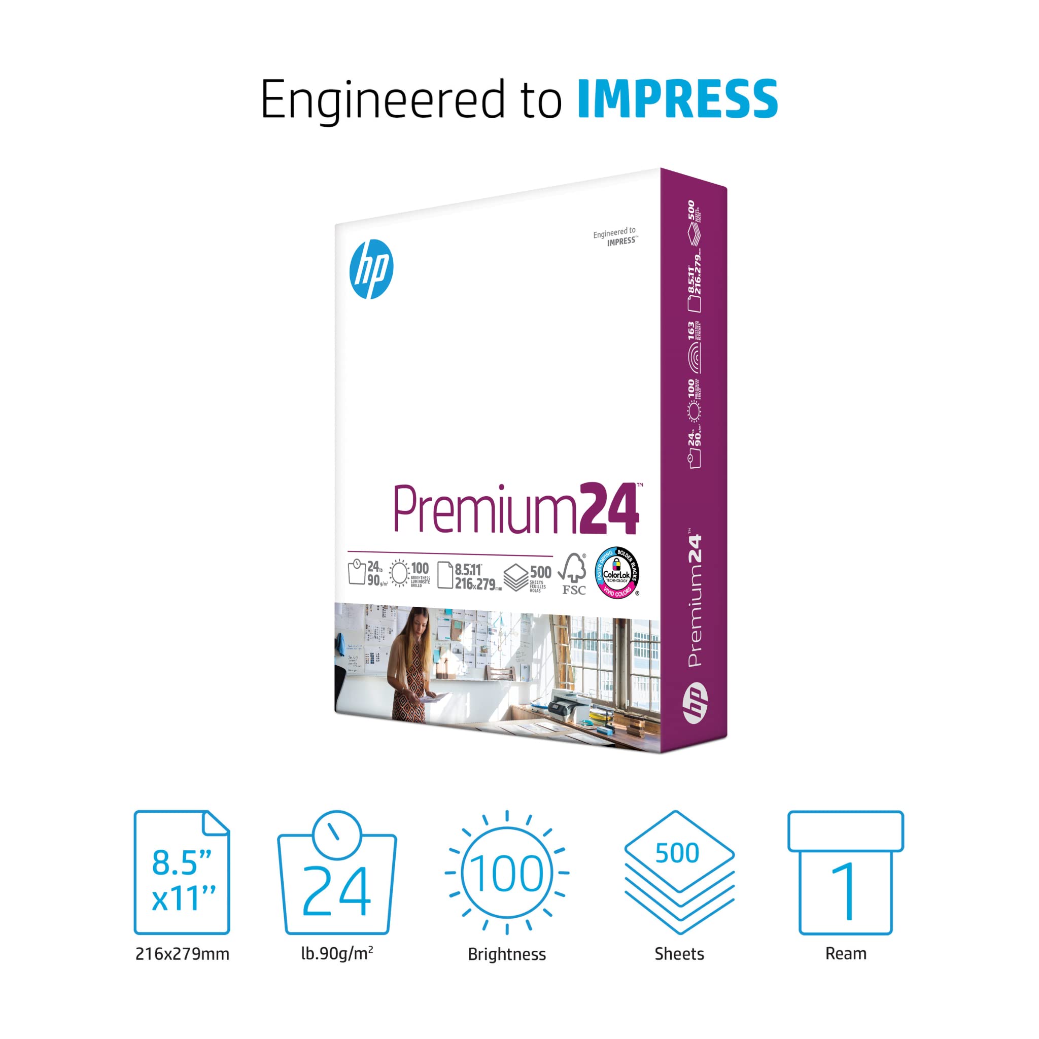 HP Printer Paper | 8.5 x 11 Paper | Premium 24 lb | 1 Ream - 500 Sheets | 100 Bright | Made in USA - FSC Certified | 112400R