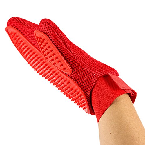 Petroad 2 in 1 Pet Grooming Gloves Grooming Mitt Deshedding Brush with Rubber Tips for Massage, Red