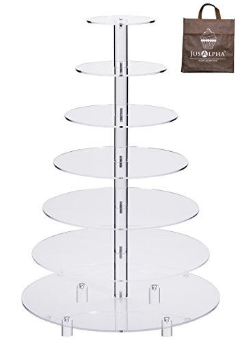 Jusalpha® Large 7 Tier Acrylic Round Wedding Cake Stand Dessert Stand Pastry Serving Platter-Food Display Stand for Large Event (Large with Rod Feet Base) (7RF)