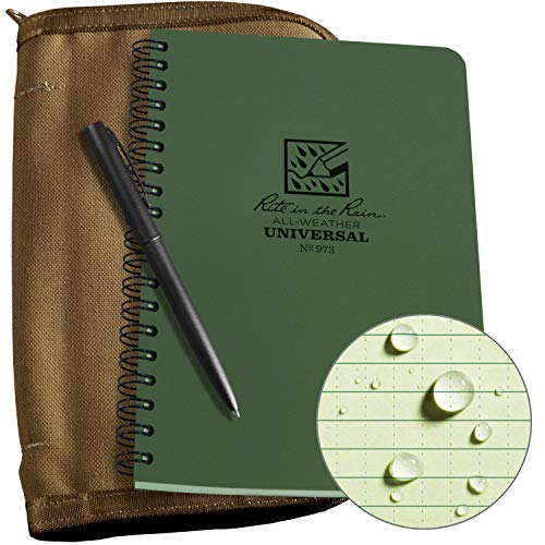 Rite In The Rain Weatherproof Side Spiral Kit: Tan CORDURA® Fabric Cover, 4.625" x 7" Green Notebook, and Weatherproof Pen (No. 973-KIT), 8.5 x 5.5 x 0.625