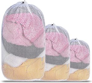 drawstring lingerie laundry wash bags set for delicates, garments, blouse, sweaters, bras, and quilts, set of 3, include 3 different type of size (coarse hole)