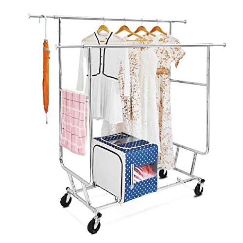 Yaheetech Commercial Clothing Garment Rack, Heavy Duty Double Rail Clothes Rack, Rolling Collapsible Rack Hanger Holder, Extendable Clothes Hanging Rack, Silver