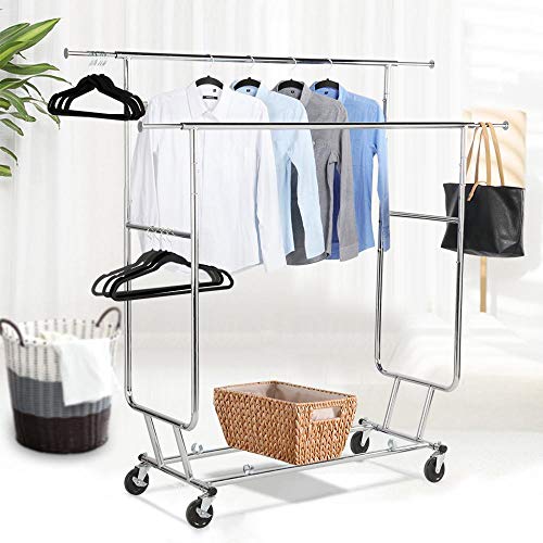 Yaheetech Commercial Clothing Garment Rack, Heavy Duty Double Rail Clothes Rack, Rolling Collapsible Rack Hanger Holder, Extendable Clothes Hanging Rack, Silver