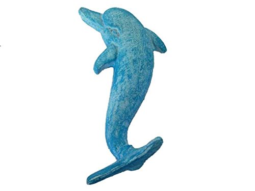 Hampton Nautical Decorative Cast Iron Dolphin Hook, 7", Light Blue Whitewashed