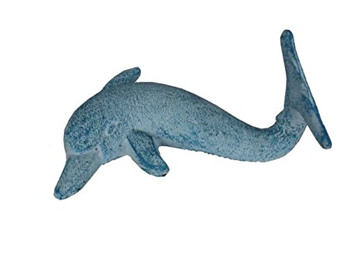 Hampton Nautical Decorative Cast Iron Dolphin Hook, 7", Light Blue Whitewashed