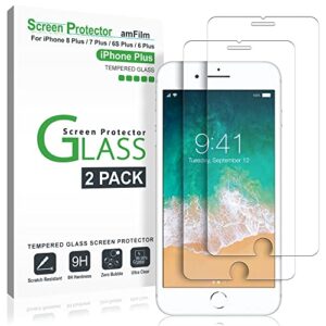 amfilm screen protector for apple iphone 8 plus, 7 plus, 6s plus, 6 plus, tempered glass, 2 pack