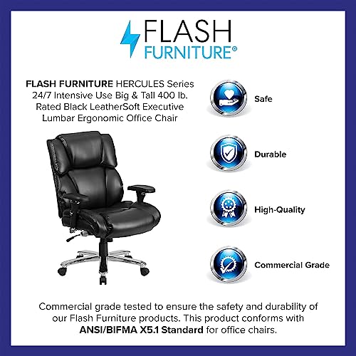 Flash Furniture HERCULES Series 24/7 Intensive Use Big & Tall 400 lb. Rated Black LeatherSoft Executive Lumbar Ergonomic Office Chair