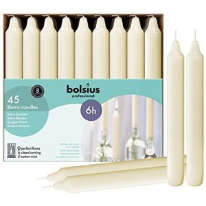 bolsius ivory household candles bulk pack 45 count - unscented dripless 7 inch dinner candlesticks - 6+ hours burn time - premium european quality - consistent smokeless flame - 100% cotton wick