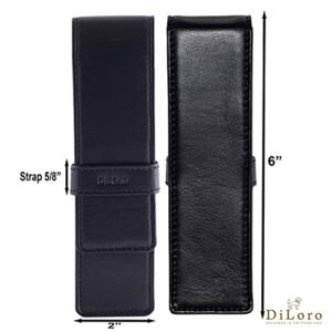 DiLoro Leather Double Pen Case Pencil Pouch Holder for Two Fountain Ballpoint Rollerball Pens and Pencils (Black)