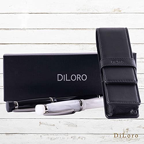 DiLoro Leather Double Pen Case Pencil Pouch Holder for Two Fountain Ballpoint Rollerball Pens and Pencils (Black)