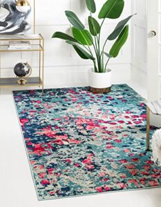 unique loom jardin collection colorful, vibrant, abstract, modern area rug, 4 x 6 ft, blue/pink